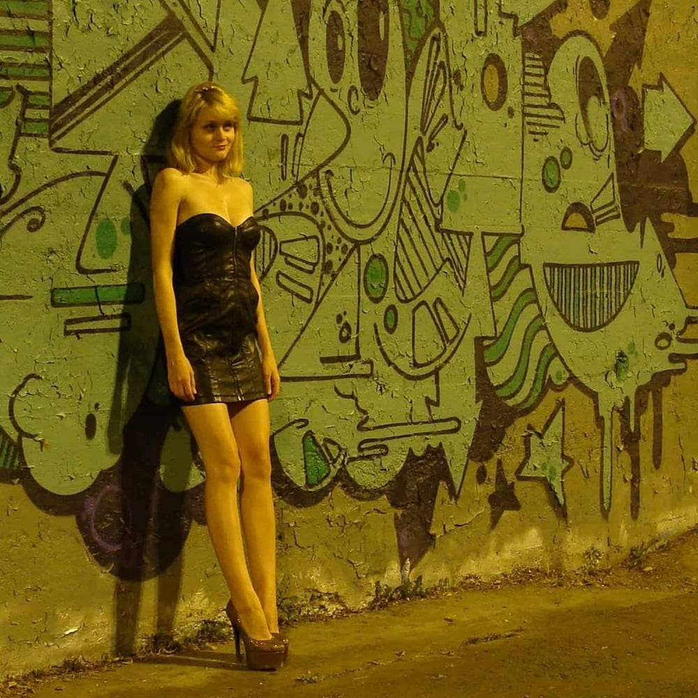 Hot Leggy Blonde Posing Outdoors In Black Leather Mini Dress And High 4824